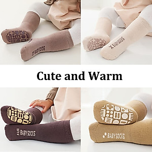 Exegawe Baby Non Slip Socks Winter - 5 Pairs Toddler Kids Thick Warm Crew Socks with Grips for Girls Boys Non Skid Socks(F1-5 Colors,M/1-3 Years)