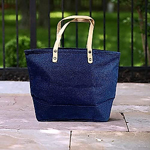 Jute Tote Bag With Leather Handles - Burlap Tote Bags With Zipper, Burlap Purse, Shopping tote Bag for women, Handbag (Navy Blue)