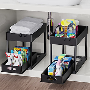 Cucn Under Sink Organizer, 2 Tier Under Sliding Cabinet Basket Organizer Drawer with Hooks, Under Sink Organizers and Storage Under Cabinet Storage for Bathroom Kitchen, Black
