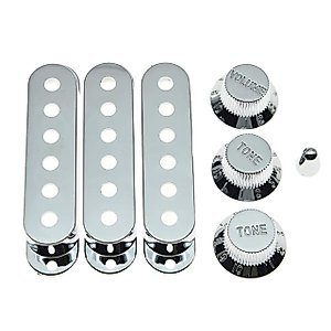 KAISH Chrome Plastic ST Strat 52mm Pole Spacing Pickup Covers Guitar Knobs and 5 Way Switch Tip for USA Stratocaster/Strat