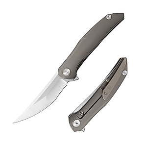 CMB Made Knives CMB Sasori Belt Satin M390 Steel Hollow Grindin Blade 6AL4V Titanium Frame Lock Outdoor Camping Knives Survival Backpacking Work Knife CMB-15 (Faint yellow)