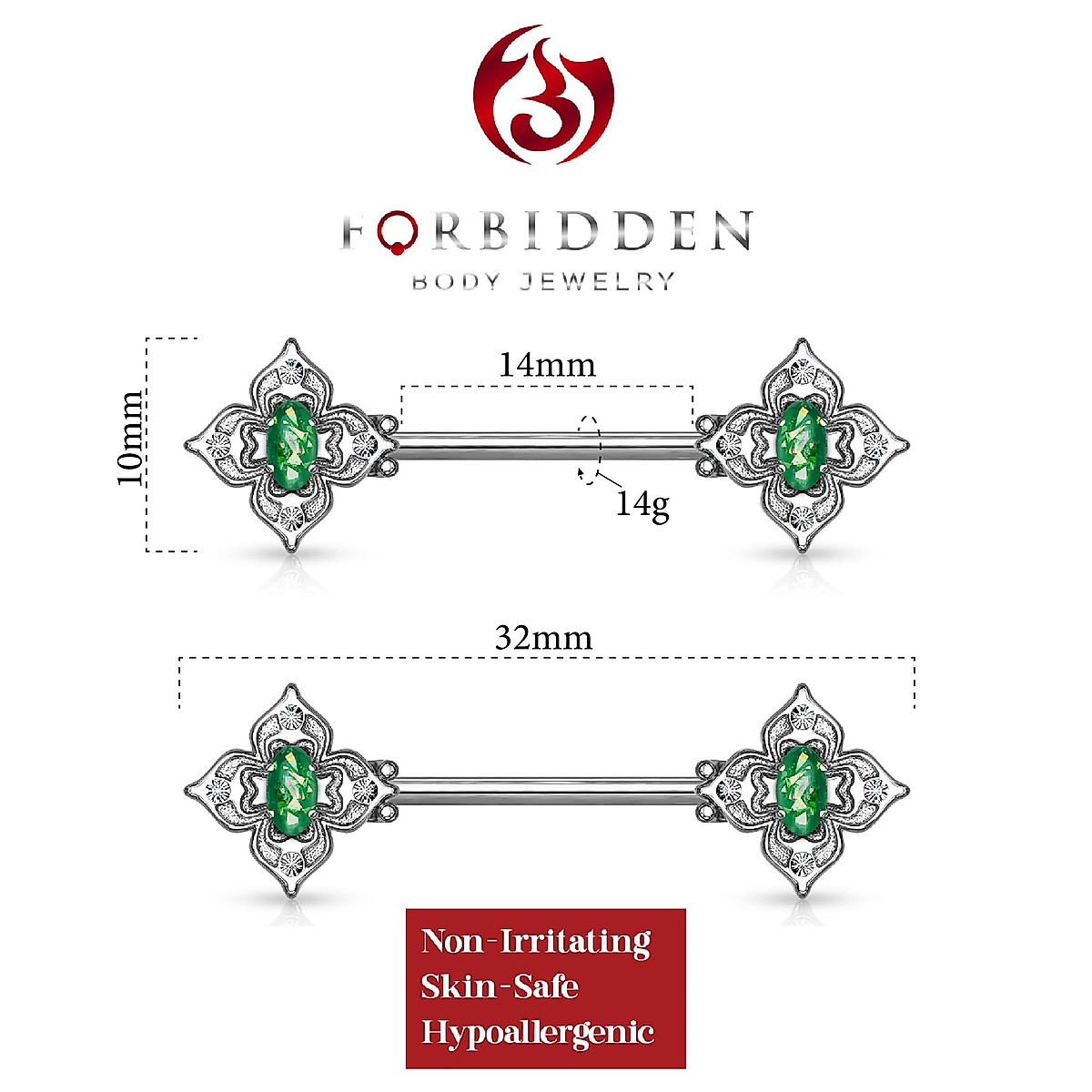 Forbidden Body Jewelry Pair of Surgical Steel 9/16 Inch Posh Floral Synthetic Opal Center Nipple Barbells, Dark Green