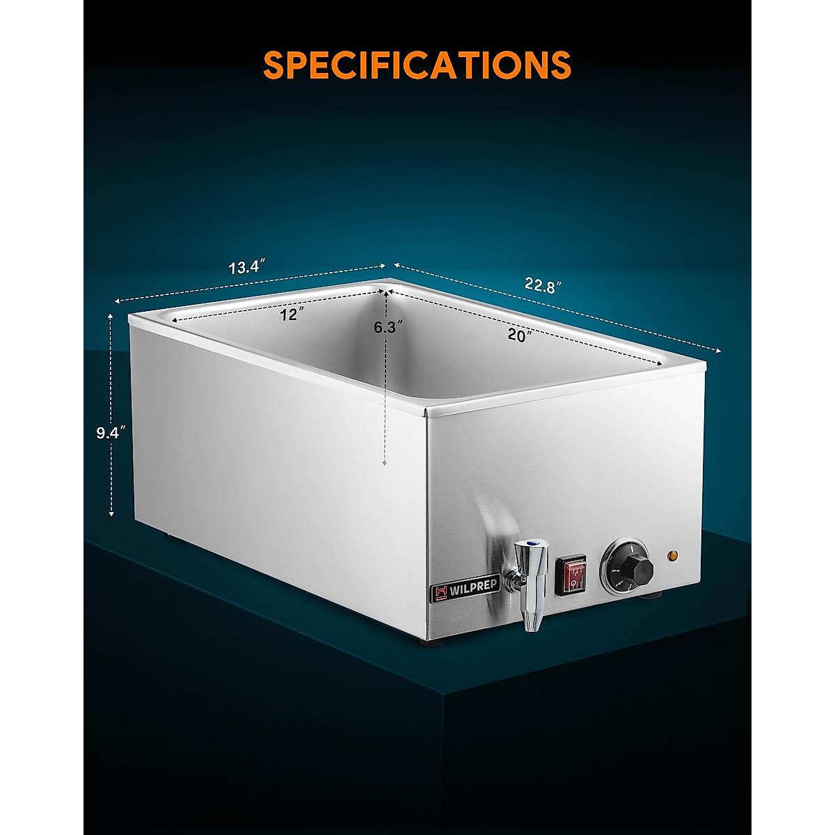 WILPREP Commercial Food Warmer, 12 x 20 in Full Size Electric Countertop Food Warmer with 1200W Power, Stainless Steel Bain Marie Buffer Server with Faucet for Parties Buffets Restaurants