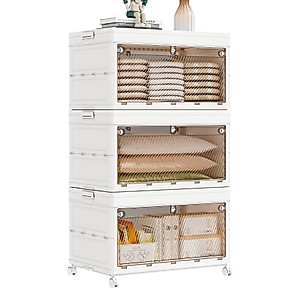 Kitstorack 228QT Large Plastic Stackable Storage Bins with Lids, Collapsible Storage Bins with Wheels and Doors for Home Storage Closet Organizers and Storage, PP