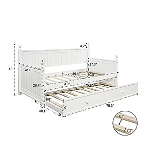LCH Twin Size Daybed with Trundle, Wood Twin Trundle Daybed Frame, Dual-use Daybed Sofa Bed for Living Room,Guest Room,Children Room, No Box Spring Needed, Suitable for Bedroom, Apartment, White
