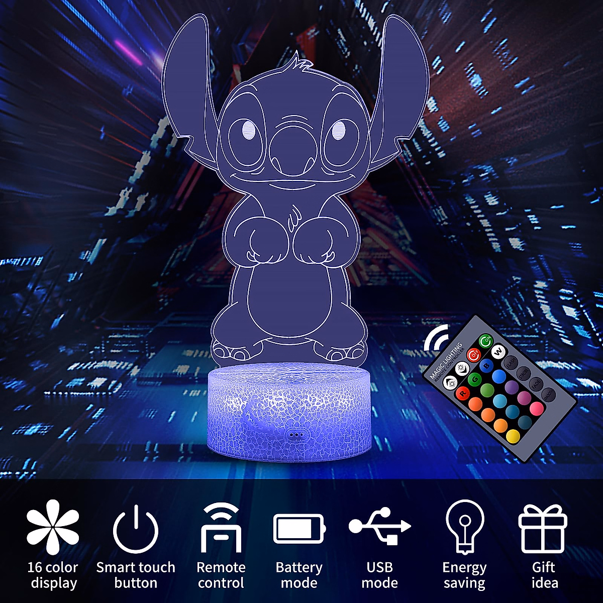 JMMFIDY Stitch Night Lights - 3D LED Intelligent Remote Control, Children's Room Decoration, Christmas & Children's Day Gift