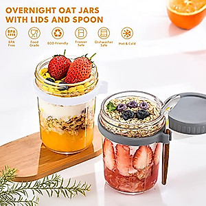 Overnight Oats Containers with Lids and Spoon, 4 Pack Mason Jars for Overnight Oats, 16 Oz Overnight Oats Jars Glass Oatmeal Container to Go for Chia Pudding Yogurt Salad Cereal Meal Prep Jars (White x 2,Grey x 2)