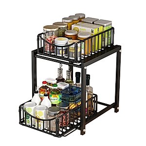 2 Tier Under Sink Pull Out Organizer, Under Cabinet Organizer with Sliding Drawer, Black Stainless Steel Kitchen Uorganization and storage Suitable for Bathroom, Kitchen