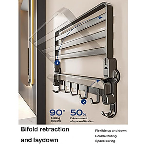 Bathroom Towel Bar 24 in Double Foldable Suction Cup Wall Mounted Towel Bar Organizer with 7 Hooks Bathroom Toilets Verandahs Simple Installation Bathroom Stands No Need to Punch Holes Modern Gray