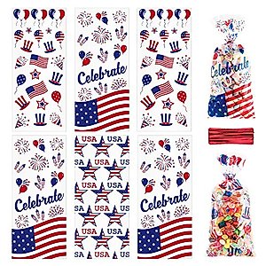 Whaline 150Pcs Patriotic Cello Bag, 11.4" x 5.1" Candy Cellophane Bags with Red Twist Tie, 3 Style 4th of July Gifts Bags Party Favors Treat Bags for Sports Event Independence Day Party Table Setting