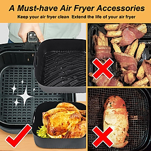 BYKITCHEN 9 Inch Square Silicone Air Fryer Liners for 6 to 8QT, Set of 2, Reusable Silicone Air Fryer Tray Insert, Air Fryer Accessories for Corsori 6QT, Ninja Air Fryer Pro XL 6.5QT, Gourmia & More