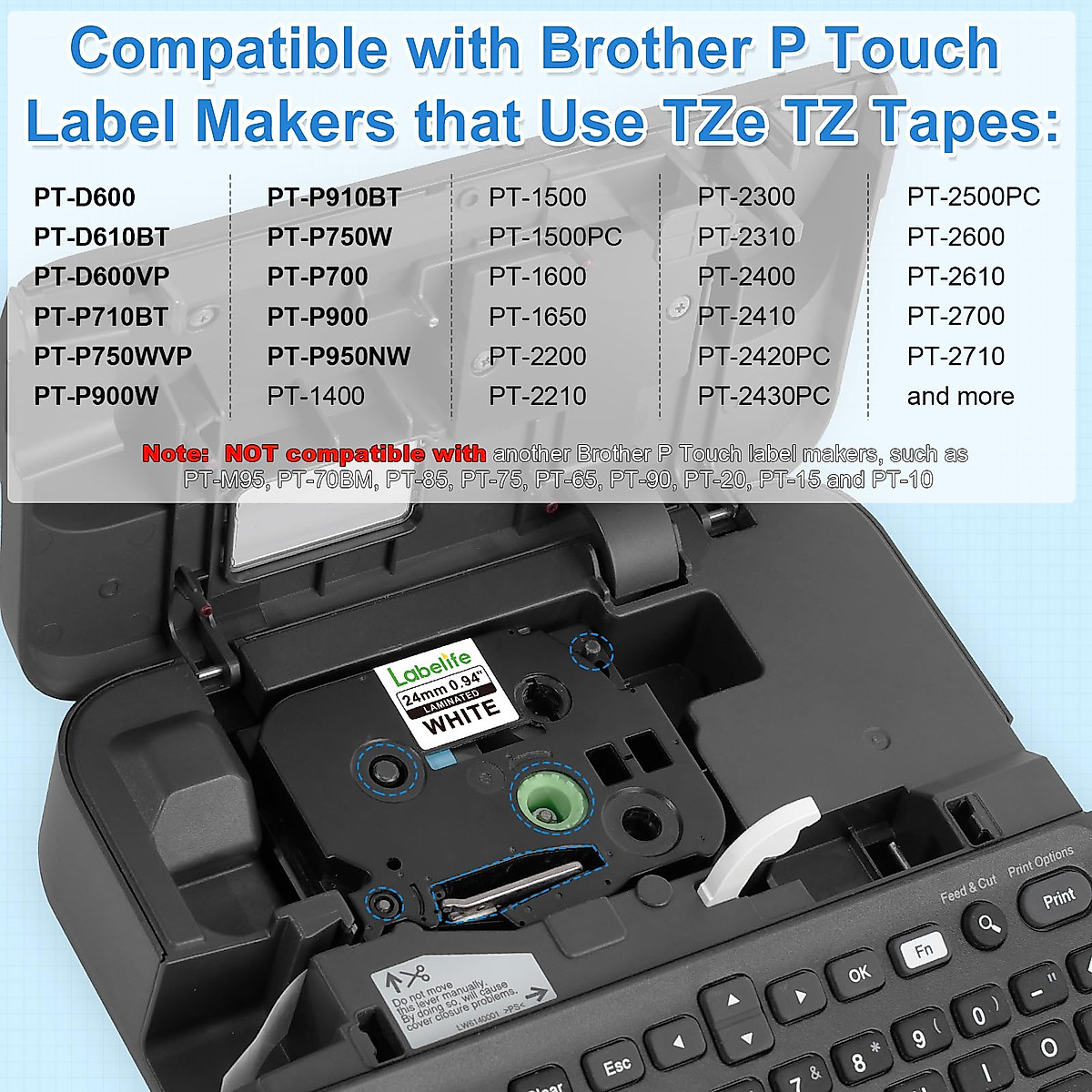 Labelife TZe-251 24mm Label Tape Replacement for Brother P Touch TZe TZ Label Tape 24mm 0.94 Laminated White TZe251 TZ-251 for Brother Ptouch PT-D600 PT-D610BT PT-P710BT Label Maker, 1 Inch, 4-Pack