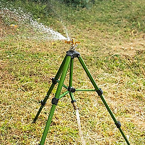 Hourleey Impact Sprinkler on Tripod Base, Heavy Duty Brass Sprinklers for Yard Lawn Garden, 0-360 Degree Large Area Coverage, 3/4 Inch Connector Extension Legs Flip Locks with Brass Sprinkler Head