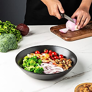 AmorArc 9.5'' Stoneware Pasta Bowls, 38oz Large Wide Salad Serving Bowls Set of 4 for Pasta Salad Snacks Bread Meal, Microwave Safe Flat bowls for Kitchen, Matte Black