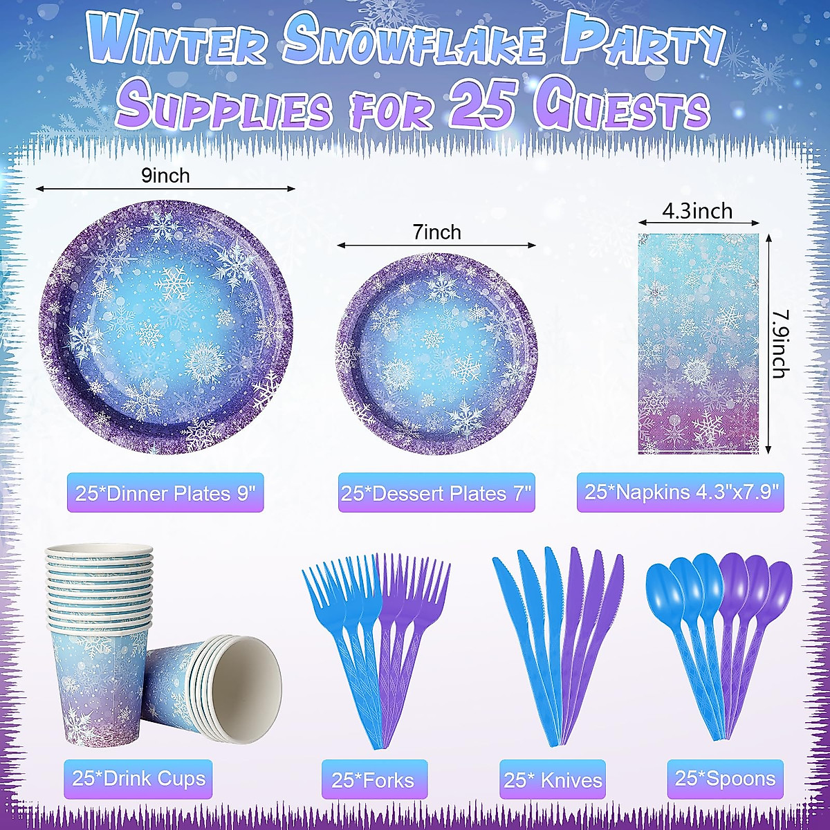 Winter Snowflake Paper Plates and Napkins Set, Blue and Purple Snowflake Winter Wonderland Disposable Tableware for Christmas Winter Holiday New Year Birthday Party Supplies Decorations, Serve 25