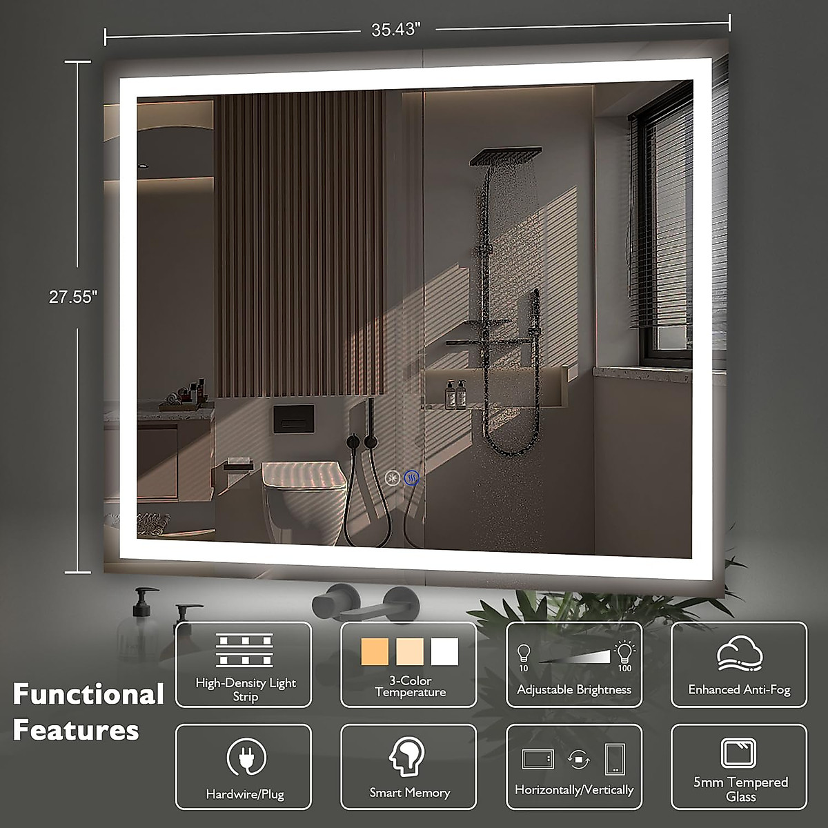 Salfanre 20x28 Led Bathroom Mirror with Lights and Black Aluminum Frame, Led Mirror for Bathroom Wall Mounted, Smart Led Vanity Mirror, Dimmable, Anti-Fog, Shatter-Proof(Horizontal/Vertical)