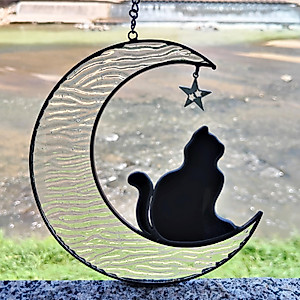 HXFRTYU Cat Memorial Gifts, Cat on Moon Stained Glass Window Hangings, Black Cat Halloween Decor Suncatcher Gifts for Cat Lovers, Loss of Cat Sympathy Gift, Cat Christmas Ornament for Cat, Pet Lovers