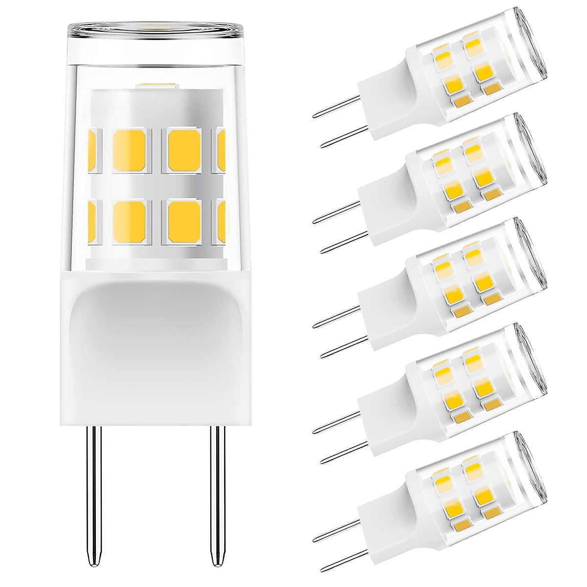 YKWCW G8 LED Bulb, 3W Equivalent to 20W-25W Halogen Bulb, T4 JCD Type Bi-Pin G8 Base, 120V Puck Light Bulbs for Under Cabinet Light, Under Counter Kitchen Lighting, 3000K Warm White （5 Pack）