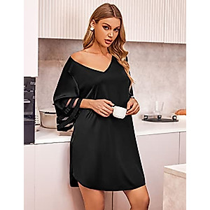 Ekouaer Satin Nightgown for Women Boyfriend Plus Size Night Gowns V Neck Sleep Shirts Loose Sexy Sleepwear Dress Black