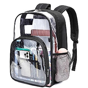 BLUEFAIRY Clear Backpack for School Heavy Duty Stadium Approved 17" Large PVC Transparent See Through Bag Bookbag with Reinforced Bottom & Round for Girls Boys for College Work Security Travel Mochila Clara