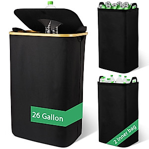 BEAUTIFABLE Recycling Bin for Kitchen, 26 Gallon Indoor Large Recycle Bin with Lid and 2 Removeable Reusable Inner Bag Collecting Bottle Can Waste Plastice （Black