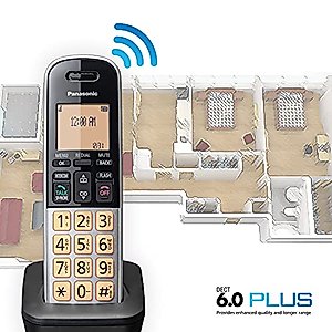 Panasonic Compact Cordless Phone with DECT 6.0, 1.6" Amber LCD and Illuminated HS Keypad, Call Block, Caller ID, Multiple Display Languages - 1 Handset - KX-TGB810S (Black/Silver)