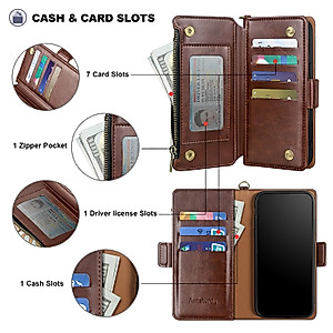 Antsturdy Compatible with Samsung Galaxy A13 5G Case Wallet with Card Holder Women Men Phone Case RFID Blocking PU Leather Flip Folio Shockproof Cover Wrist Strap Zipper Credit Card Slots,Brown