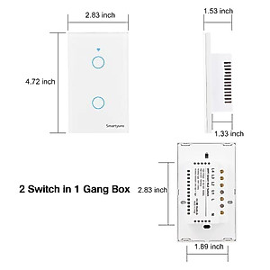 Smartyuns WiFi Smart Wall Light Switch White, Tempered Glass Panel Touch Light Switch 2 Gang Switch for 1 Gang Wall Box, Timer Function, Wireless Lighting Control (2 Gang Light Switch White)
