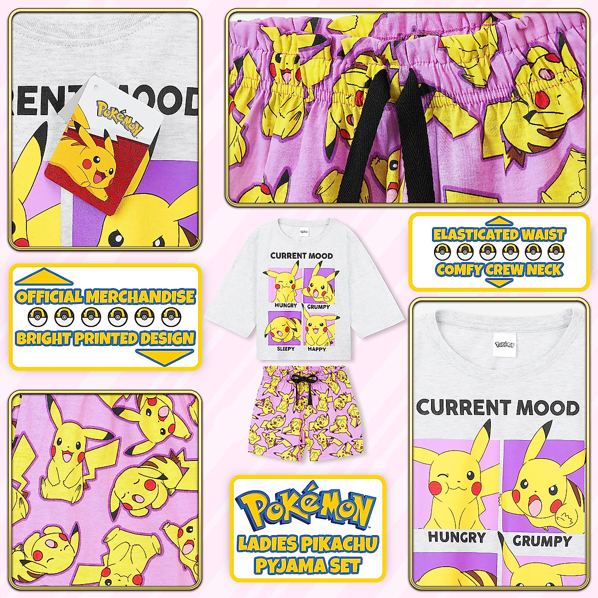 Pokemon Pyjamas for Women Teenagers Summer Pikachu Ladies Lounge Wear Sets 2 Piece (as1, alpha, l, regular, regular, Standard, Grey/Pink)
