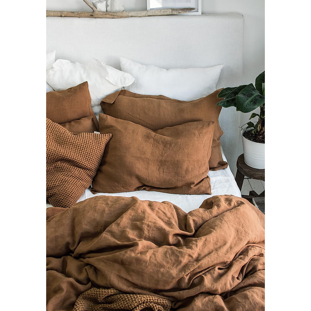 Linen Bedding Set in Tobacco, Duvet Cover and 2 Pillowcases Set, King, Queen, Twin, Full, Double, Single Size, Tobacco Brown Linen Bedding (King-90X104)