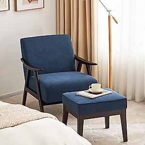 Batohom Solid Wooden Armchair with Ottoman,Mid Century Modern Chair and Footrest,Upholstered Club Chair and Ottoman Set,Comfy Reading Tufted Accent Chair for Bedroom,Side Living Room Chair (Blue)