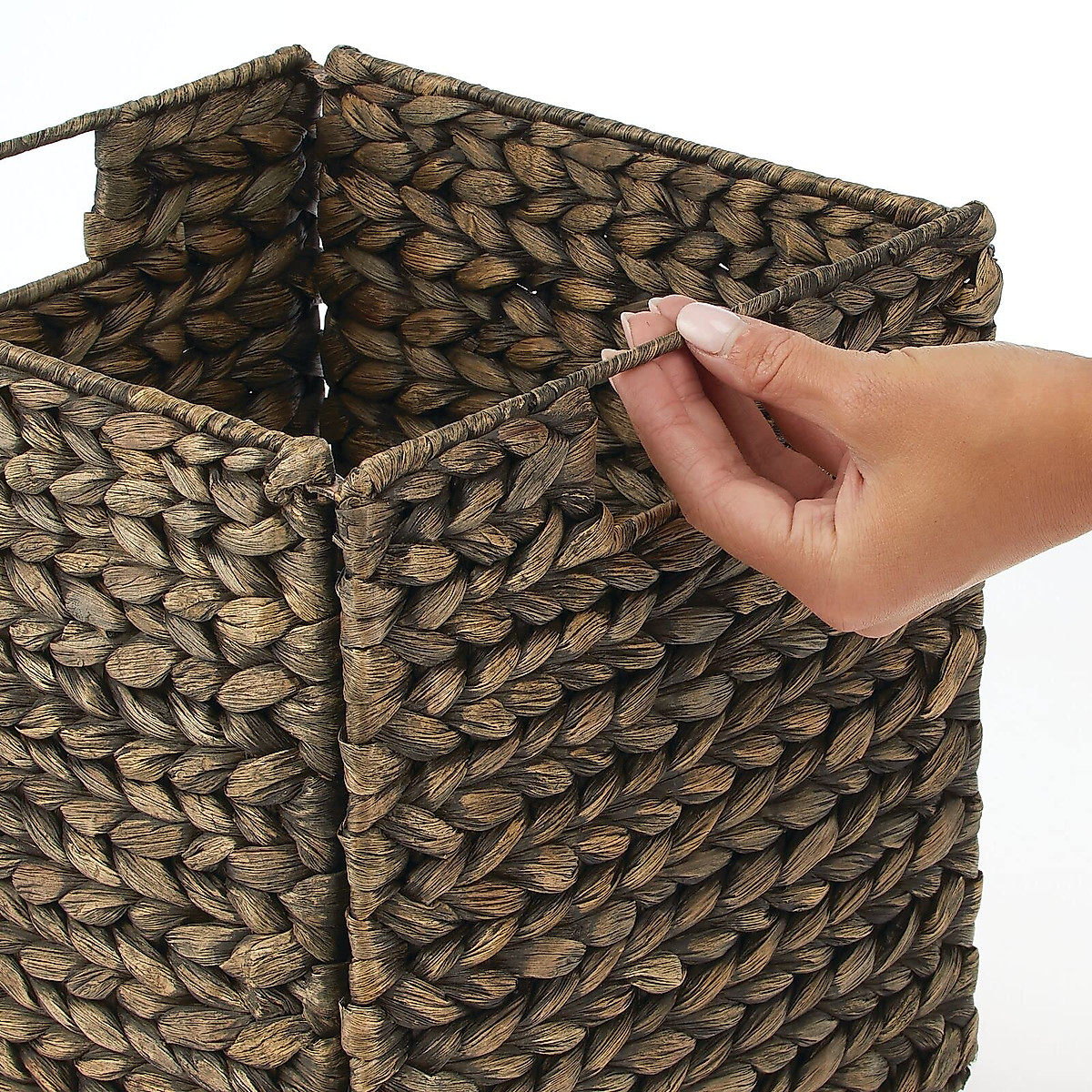 mDesign Natural Woven Hyacinth Cube Organizer Basket with Handles, Storage for Bathroom, Laundry Room Shelf or Nursery - Perfect for Cubby Storage Units - Hold Blankets and Books - 2 Pack, Black Wash