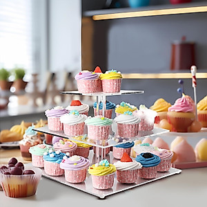 Flexzion 3 Tier Cupcake Stand Acrylic Cupcake Holder Tower Dessert Table Display Set Clear Square Stand, Food Display Stands for Party, Weddings, Birthdays, Reusable Mini Cake Tier Stand