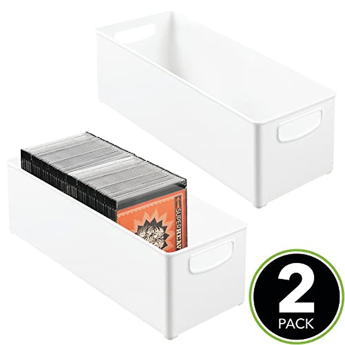 mDesign Plastic Video Game Organizer - Game Storage Holder Bin with Handles for Media Console Stand, Closet Shelf, Tower, and Bookshelves - Holds Disc, Video Games, Head Sets - 2 Pack - White