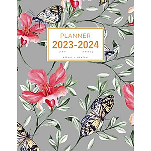 Planner 2023-2024: 8.5 x 11 Weekly and Monthly Organizer from May 2023 to April 2024 | Realistic Butterfly Flower Design Gray