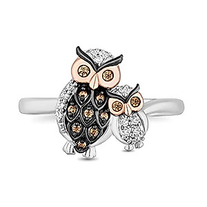 Jewelili Hallmark Fine Jewelry Sterling Silver and 14K Rose Gold 1/8 Cttw Champagne and Natural White Round Diamond Mom and Baby Owl Ring, Size 9