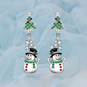 Christmas Tree Snowman Earrings for Women Sterling Silver Tree with Star Holiday Dangle Drop Earrings Winter Colorful CZ Xmas Gift