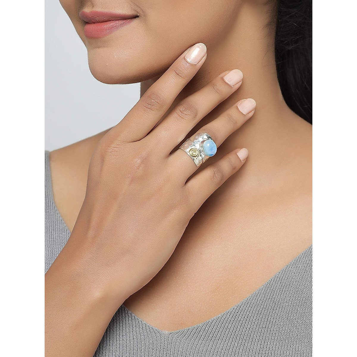 YoTreasure Natural Moonstone Solid 925 Sterling Silver Brass Hammered Finish Ring