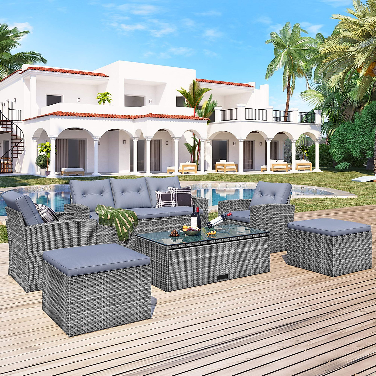 Brabrety 6-Piece All-Weather Wicker PE Rattan Patio Outdoor Dining Conversation Sectional Set with Coffee Table, Wicker Sofas, Removable Cushions for Patio, Deck, Yard, Garden. (Gray#1)