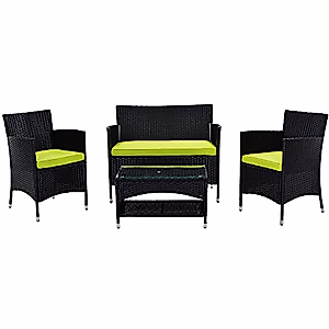XXXDXDP 4PCS Patio Furniture Outdoor Garden Conversation Set Black Wicker 2 Armchairs+1 Double Sofa+1 Table w/Green Cushion