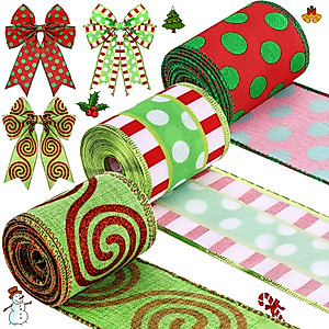 Yinder 3 Rolls Christmas Wired Ribbon Red and Lime Green Christmas Wrapping Ribbon 2.56 in Wide Polka Dot Swirl Fabric Xmas Decorative for DIY Crafts Tree Decorations