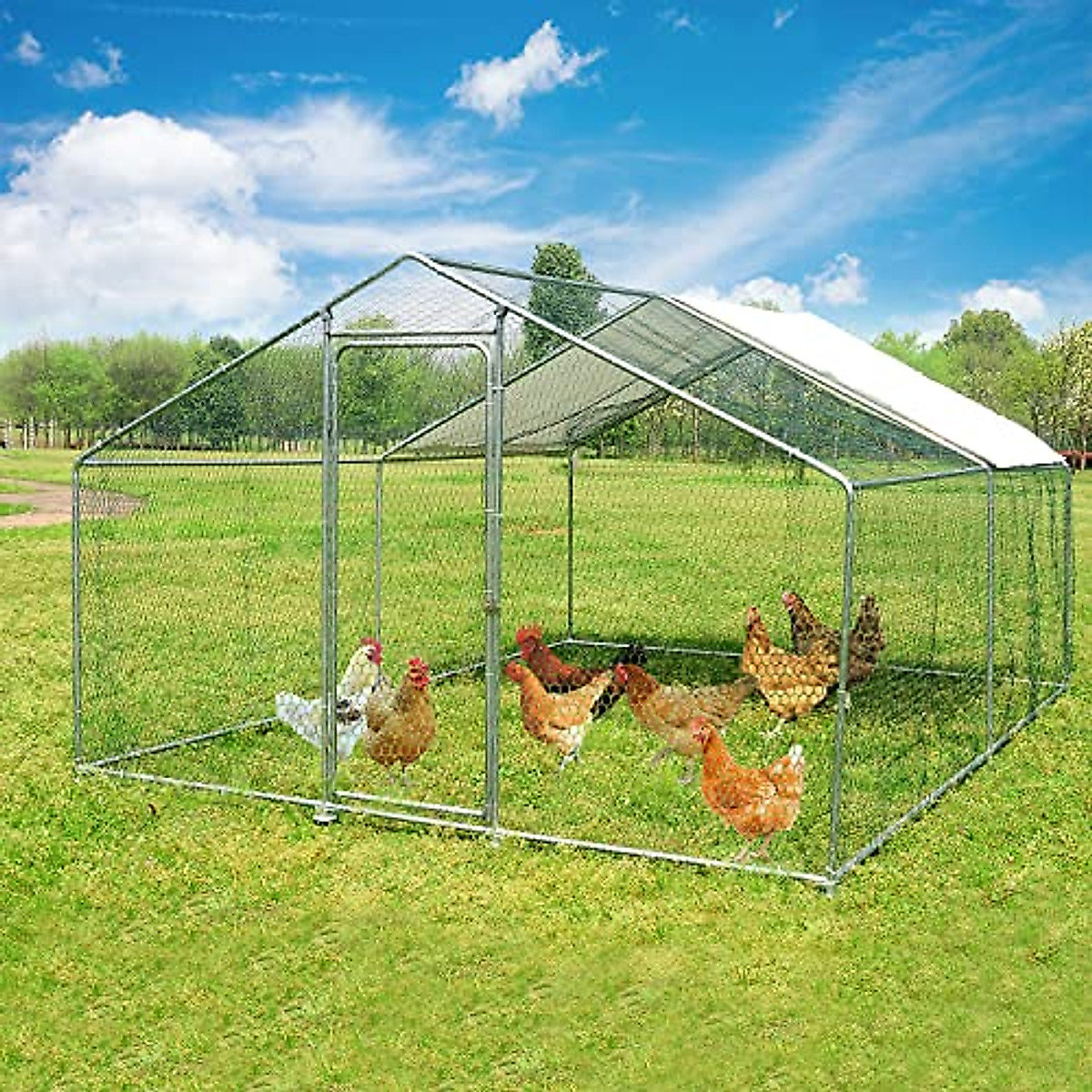 Large Metal Chicken Coop for 25 Chickens Walk in Poultry Cage Heavy Duty Spire Shaped Chicken Run House Outdoor Chicken Pen Wire Fence Enclosure for Yard with Waterproof & Anti-UV Cover 13x10x6.6Ft