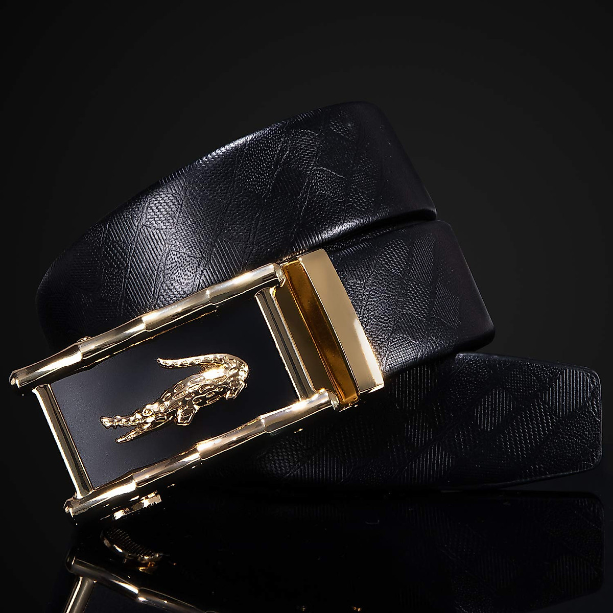 Dubulle Mens Black Ratchet Belt Full Grain Leather Gold Crocodile Automatic Buckle Adjustable Sliding Belts for Dress Party