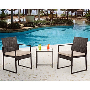 FDW 3 Pieces Outdoor Patio Furniture Wicker Bistro Rattan Chair Conversation Sets for Yard Lawn Balcony Poolside Backyard,Black