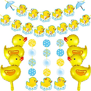 9 Pcs Duck Birthday Decorations, Duck Balloons, Yellow Ducky Garland, Long Duck Bubble Bath Hanging Cutouts Ducky Birthday Banner Duck Shape Foil Balloon for Duck Birthday Baby Shower Party Decoration