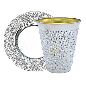 Exquisite 100 Pcs - 50 Sets of 5.5 oz Disposable Plastic Kiddush Cup and Tatz Silver Cup and Saucer Set for Passover, Shabbat, Wedding, Brit and Year Round - Bulk Pack