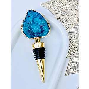 LUXE CRYSTAL CO. Handcrafted Teal Green Natural Crystal Geode Agate Druzy Gold Electroplated Crystal Wine Champagne Stopper Handmade Bottle Barware Housewarming Bridal Shower Gift