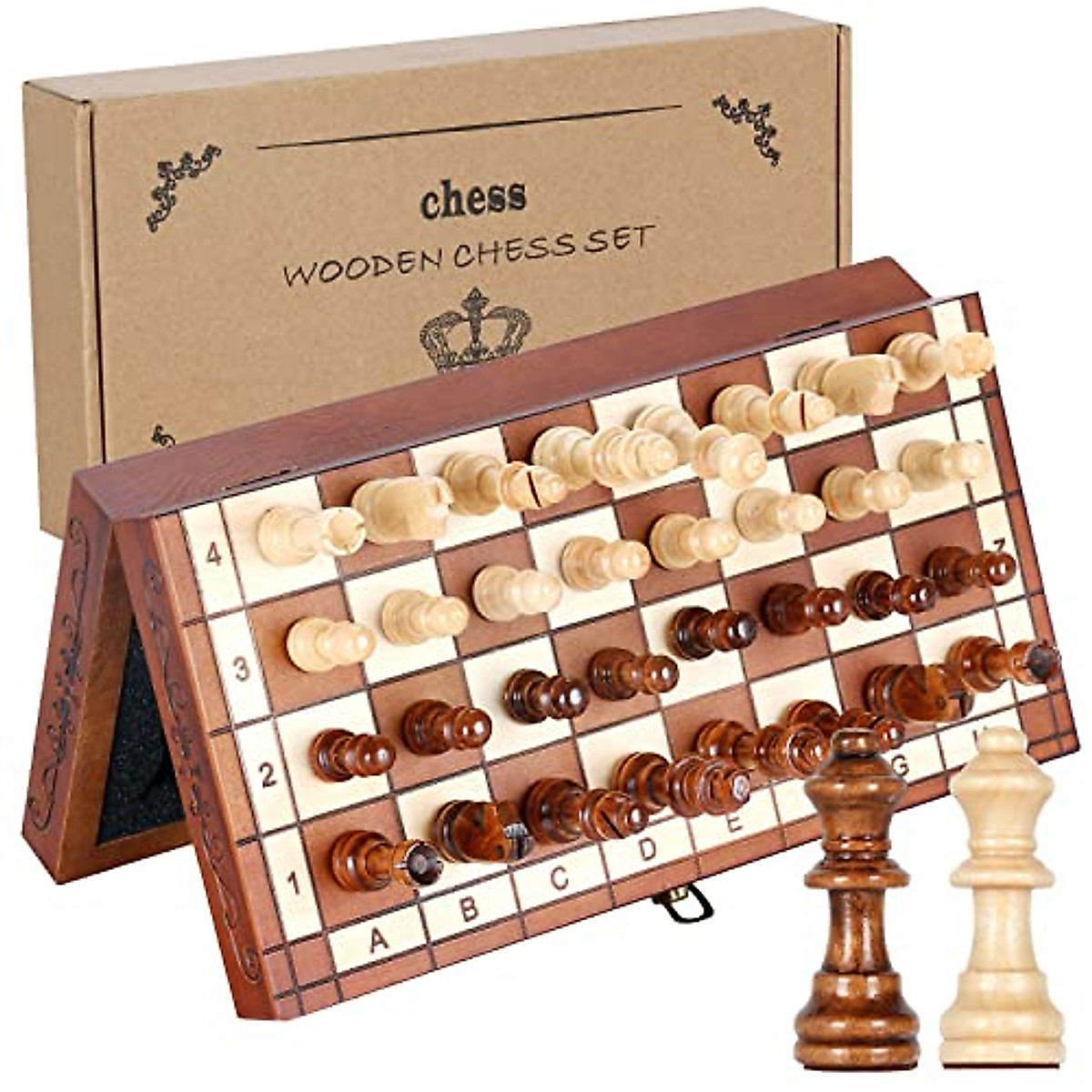 Syrace Magnetic Chess & Checkers Set Board Games, Kids and Adults Wooden Foldable Hand Carved Portable Travel Chess Board Game Sets with Game Pieces & Storage Slots 15.74"