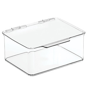 mDesign Plastic Cosmetic Storage Organizer Box Containers with Hinged Lid for Bedroom, Bathroom Vanity Shelf or Cabinet, Holds Masks, Palettes, Lotion, or Nail Polish, Lumiere Collection, Clear