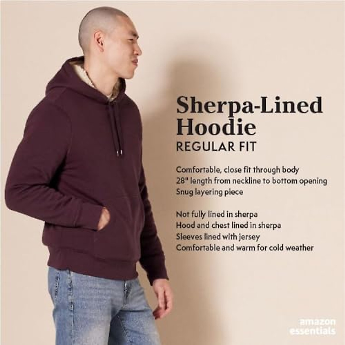 Amazon Essentials Men's Hoodies, Sherpa-Lined Pullover, Black, Small